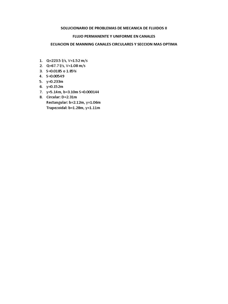 Ejercicios Flujo Permanente y Uniforme en Canales Parte 2 Solucionario | PDF | Tecnología