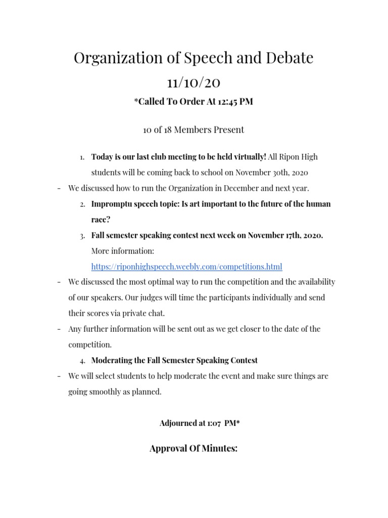 Ripon High Speech and Debate Meeting Summary | PDF