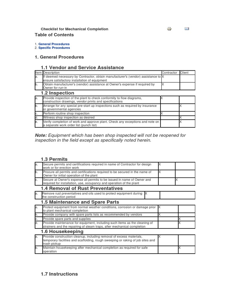 Mechanical Completion Checklist | PDF | Pipe (Fluid Conveyance ...