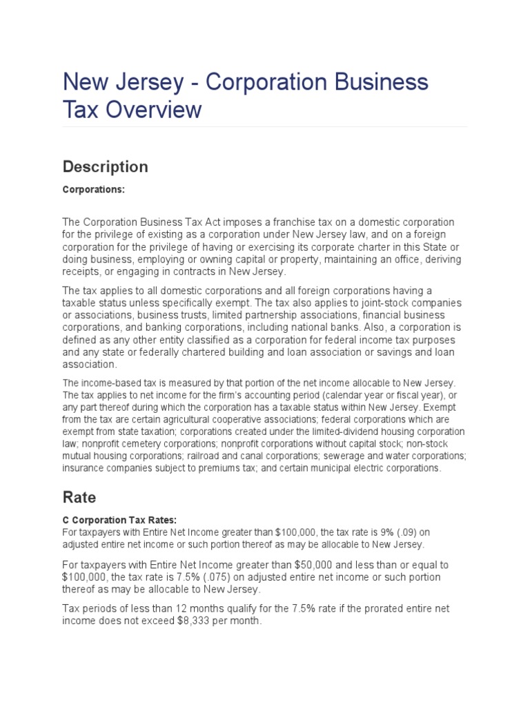 New Jersey - Corporation Business Tax Overview | PDF | Corporate Tax ...