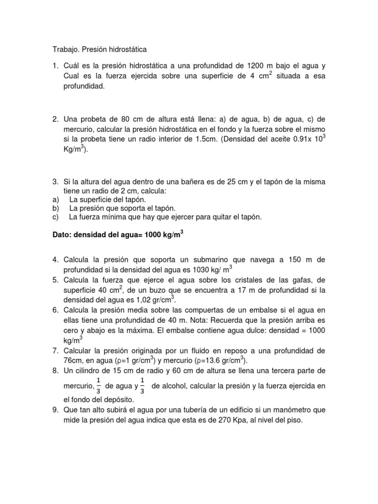 Cálculos de Presión Hidrostática y Fuerza | PDF | Ciencia y matemáticas