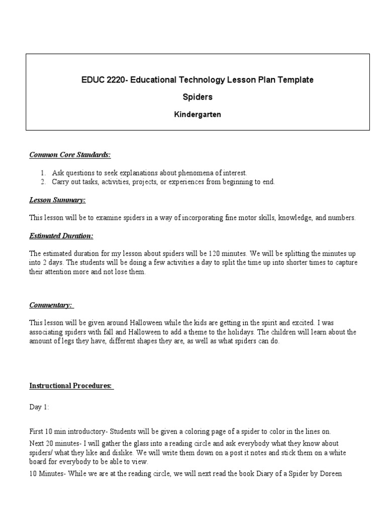 EDUC 2220-Educational Technology Lesson Plan Template Spiders | PDF ...