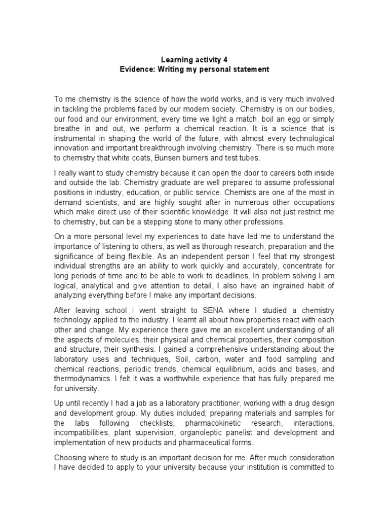 Personal statement on why I want to study chemistry | PDF | Chemical ...