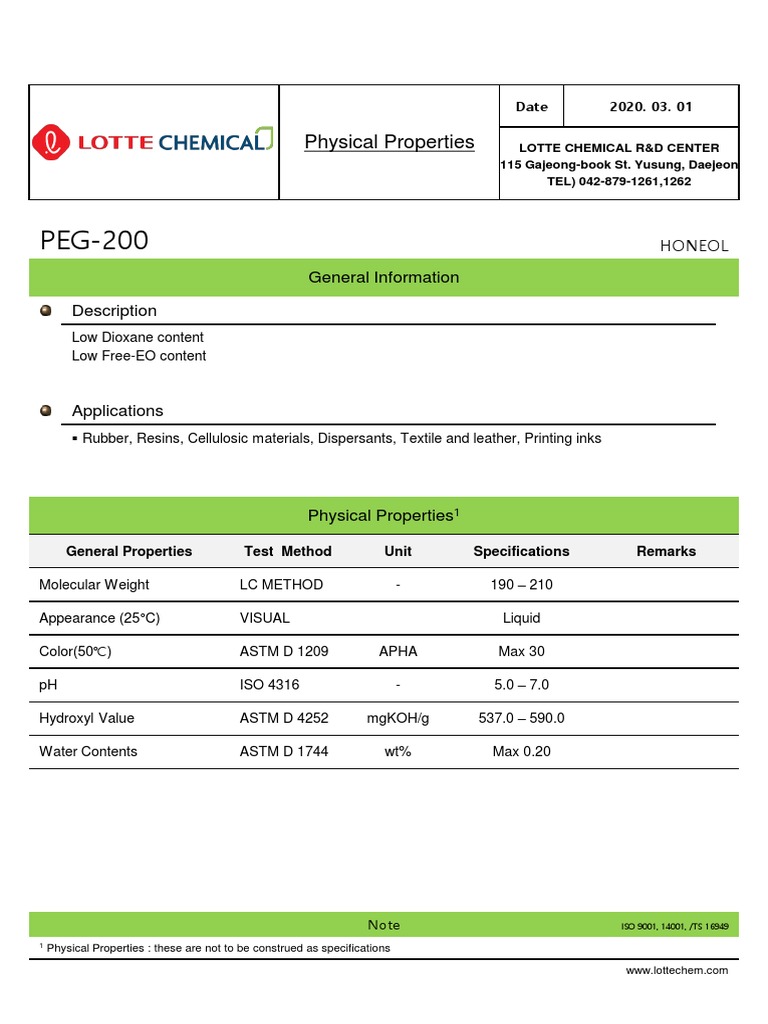 PEG-200 물성표 - TDS (2020.3월) (ENG) 1 | PDF
