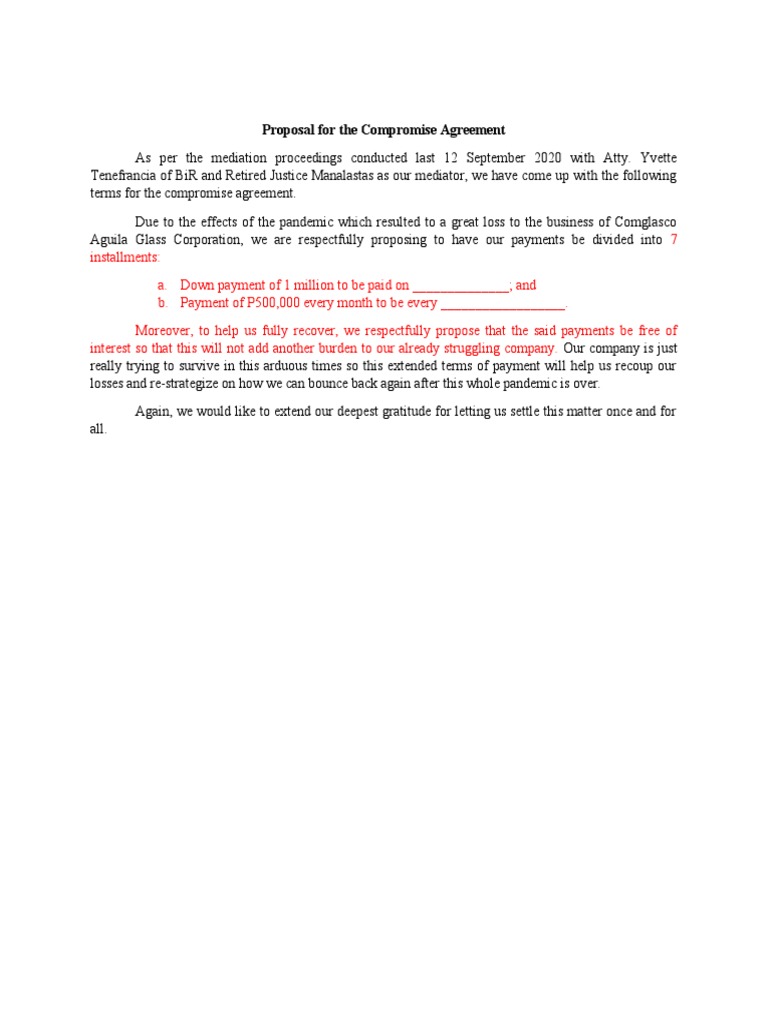 Proposal For Compromise Agreement | PDF | Business | Law
