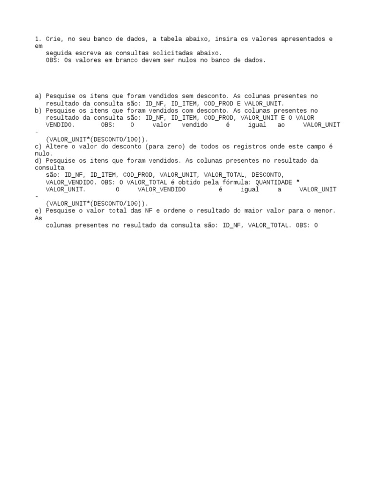 Lista de Exercicios SQL | PDF | SQL | Tabela (banco de dados)
