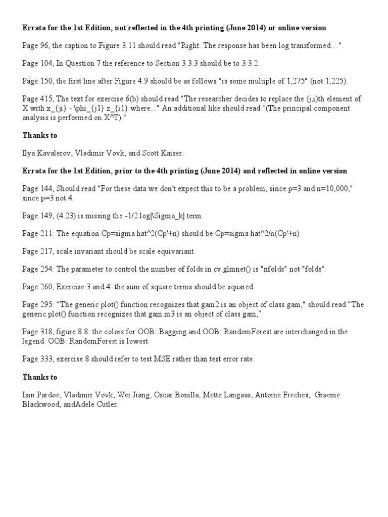 Introduction To Statistical Learning - Errata | PDF