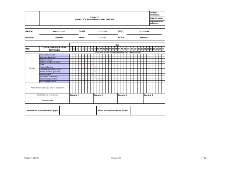 Inspection Report Template for Tripod Equipment Outlining Condition and ...