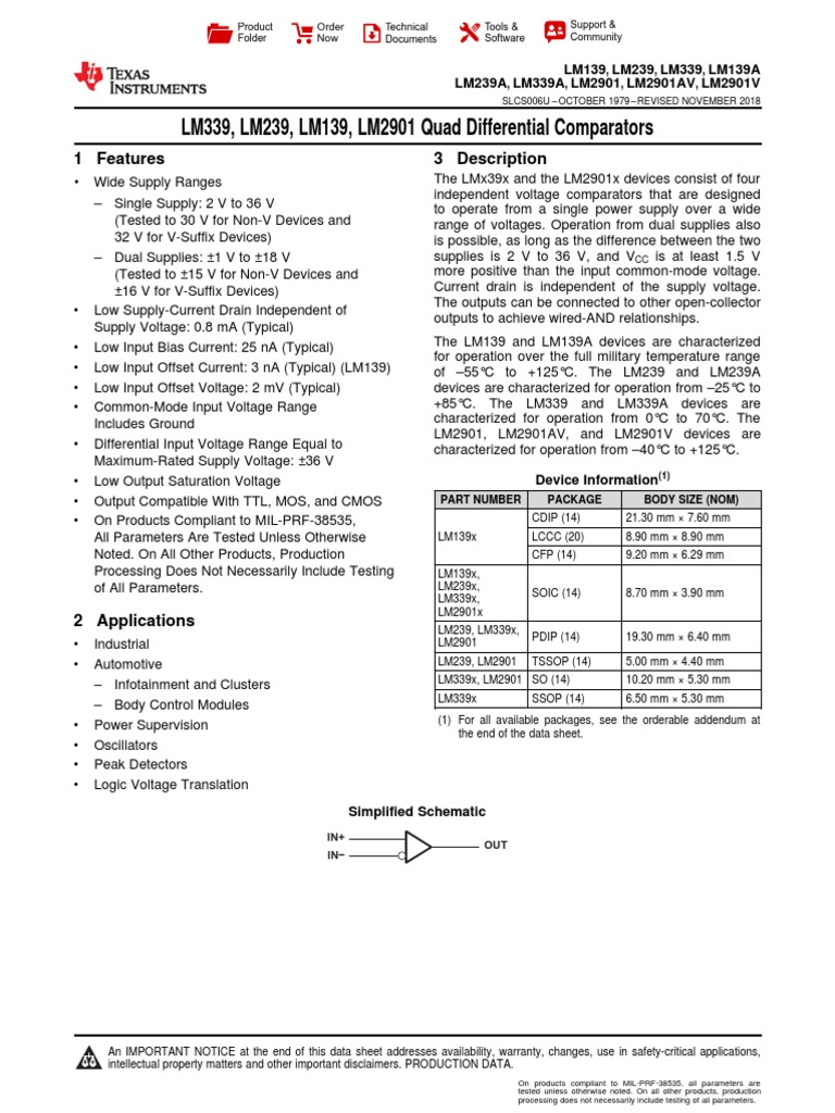 LM339, LM239, LM139, LM2901 Quad Differential Comparators: 1 Features 3 ...