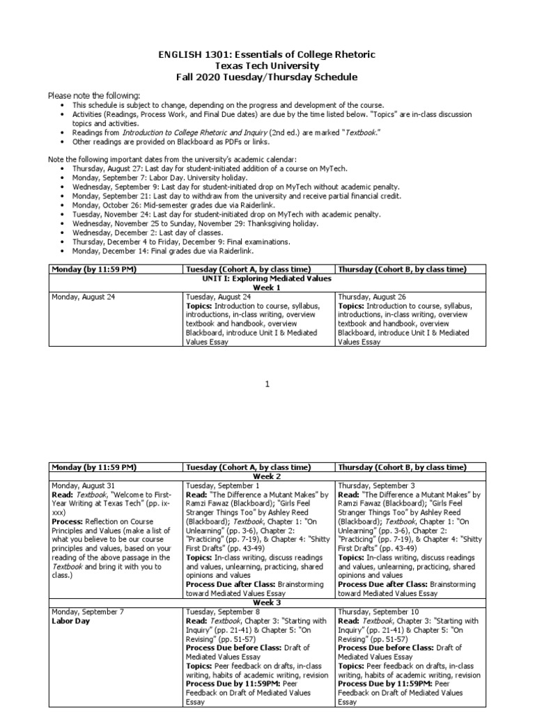 ENGLISH 1301: Essentials of College Rhetoric Texas Tech University Fall ...