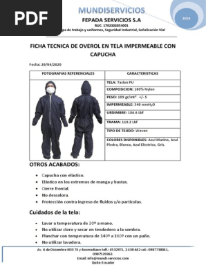 Ficha Tecnica Overol Dril PDF, 50% OFF | www.pinnaxis.com