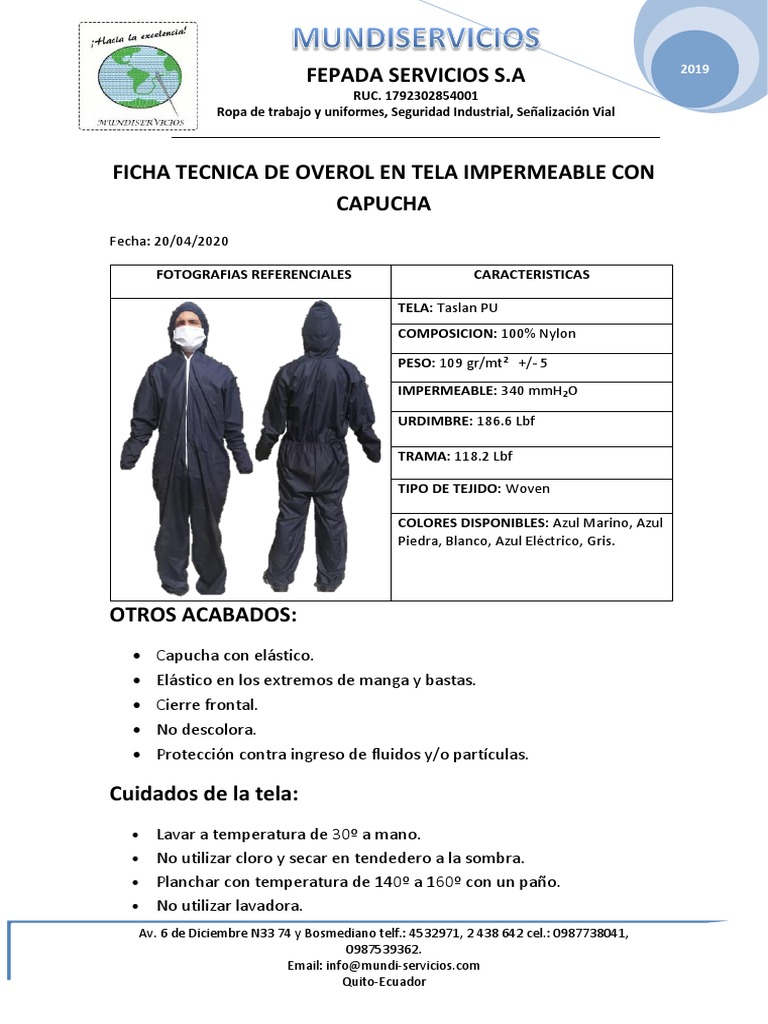 Ficha Tecnica Overol en Tela Impermeable | PDF Ficha Tecnica Overol en Tela Impermeable | PDF