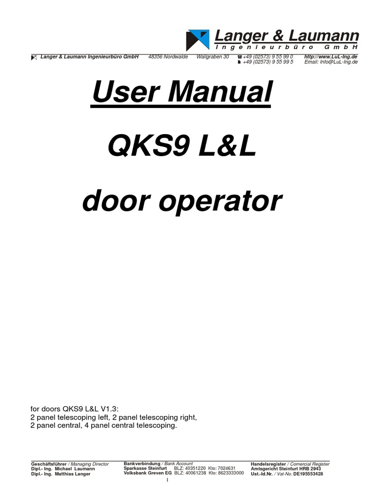 User Manual Qks9 L&L Door Operator: Langer & Laumann | PDF | Elevator ...