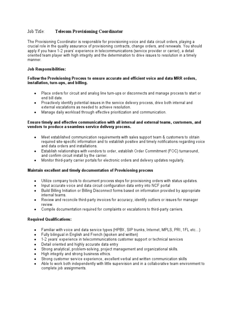 Telecom Provisioning Coordinator | PDF | Telecommunication | Data