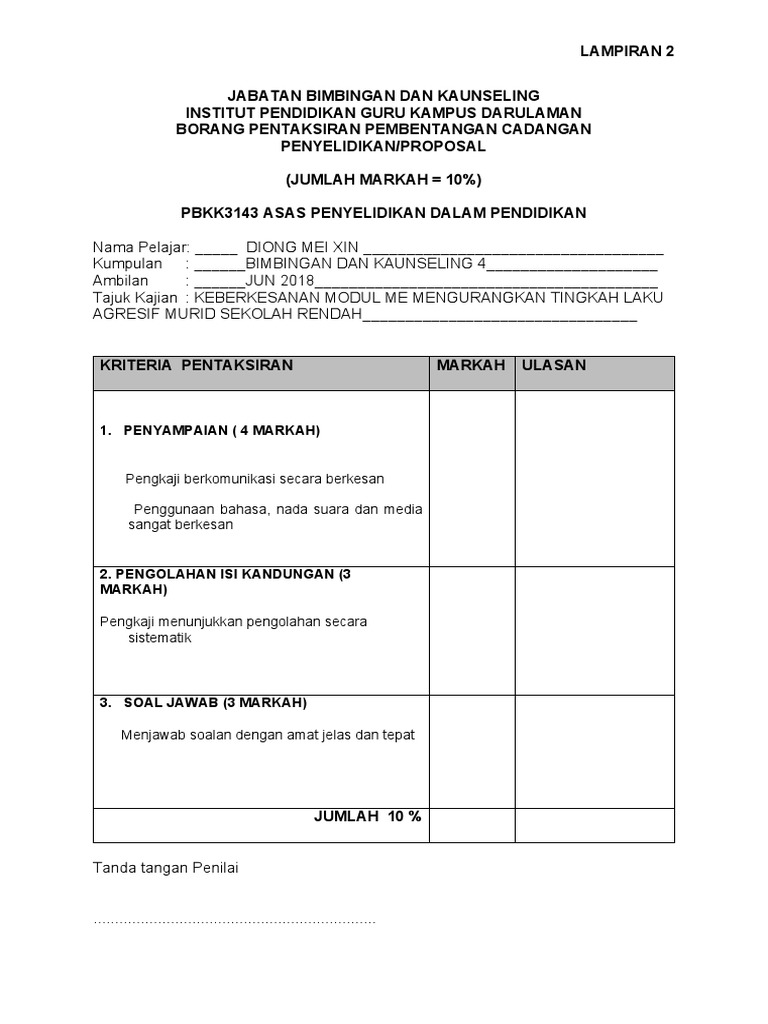 Lampiran 2 Borang Penilaian Pembentangan | PDF