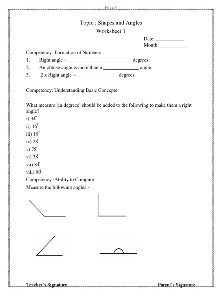 Class 5 Maths Worksheet-Shapes and Angles | PDF