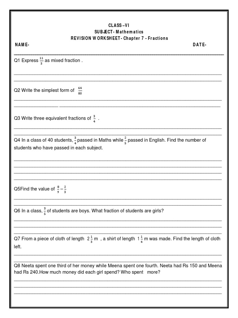 CBSE Class 6 Fractions Worksheet | PDF | Teaching Mathematics | Science