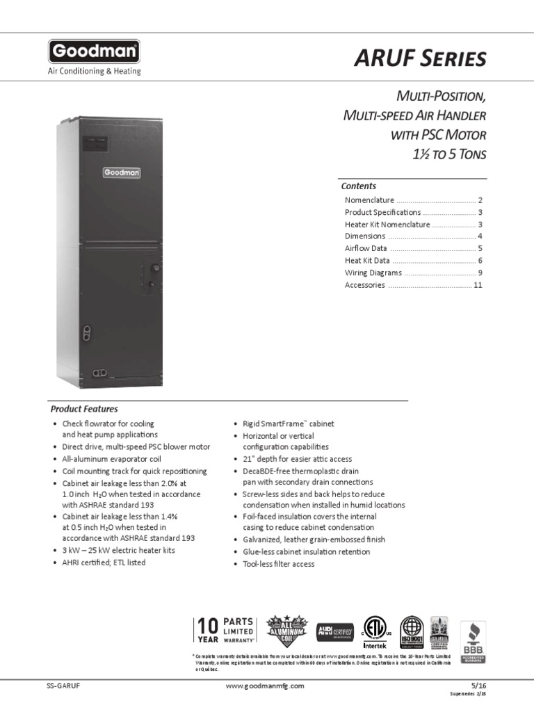 ARUF Series: Multi-Position, Multi-Speed Air Handler With PSC Motor 1 ...