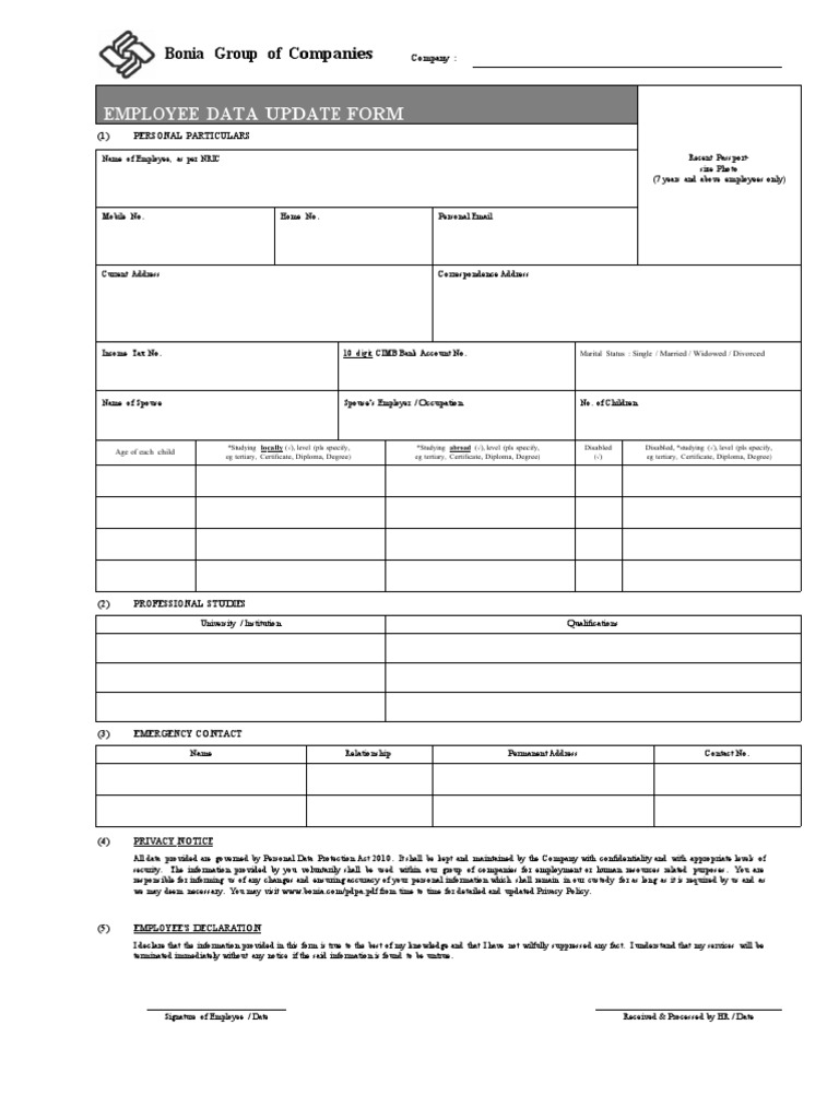Employee Data Update Form: Bonia Group of Companies | PDF | Information ...