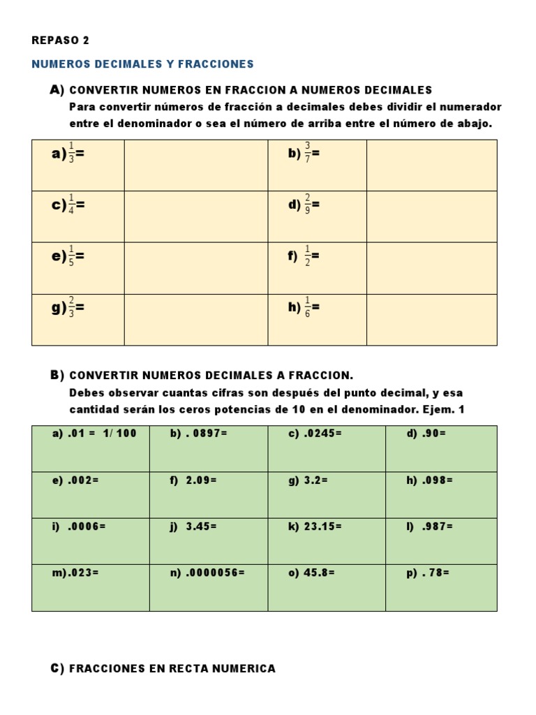 Hoja De Trabajo Para Convertir Decimales A Fracciones En Formato Pdf