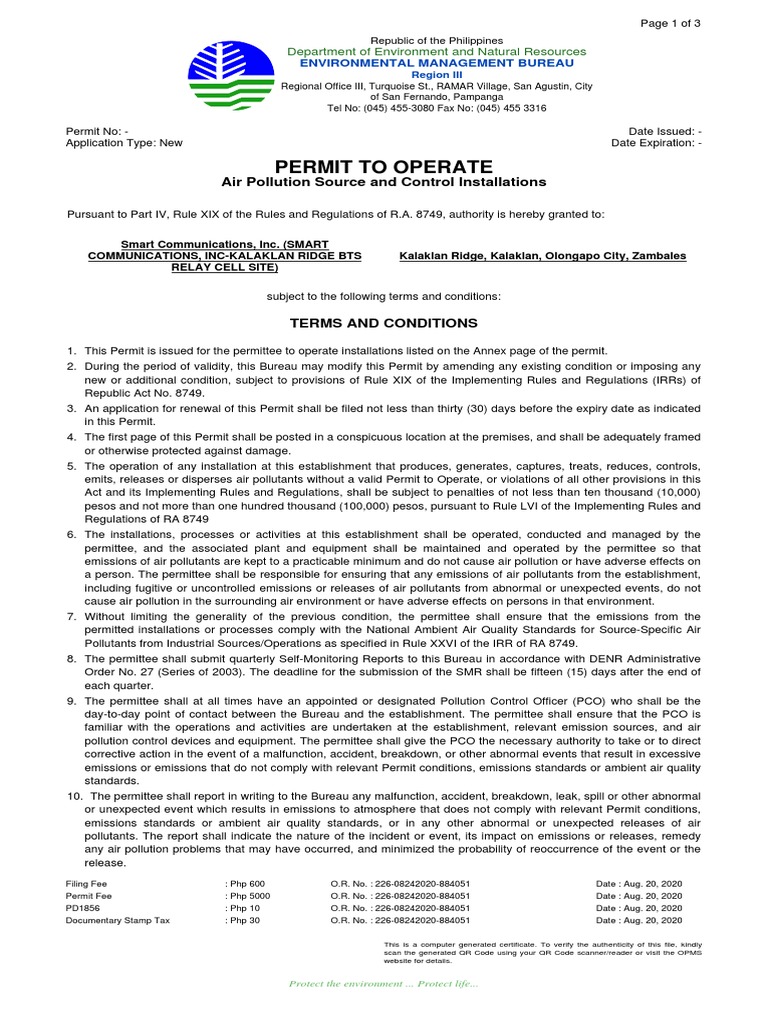 Permit to Operate Air Pollution Source for Smart Communications ...