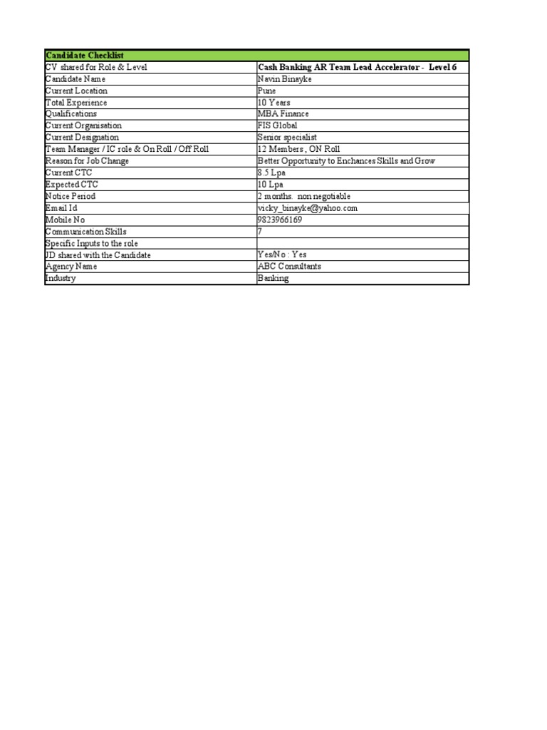 Candidate Checklist Cash Banking AR Team Lead Accelerator - Level 6 | PDF