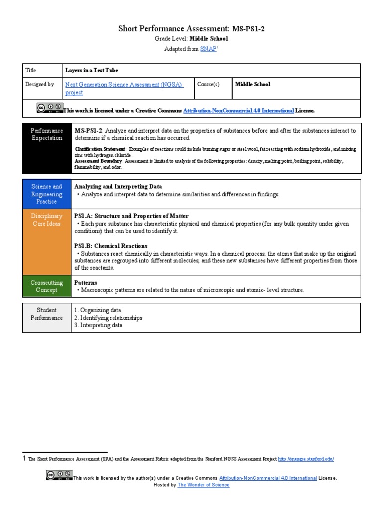 MS-PS1-2 Assessment - Layers in A Test Tube | PDF | Chemical Substances ...