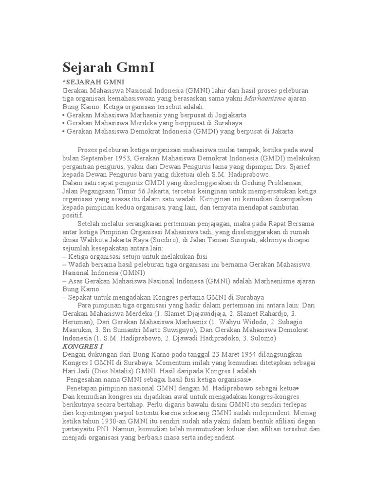 Sejarah Gerakan Mahasiswa Nasional Indonesia (GMNI) | PDF