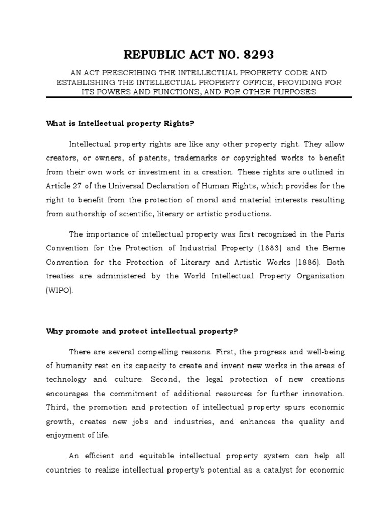 REPUBLIC ACT NO 8293 - Own Summary | PDF | Intellectual Property | Property