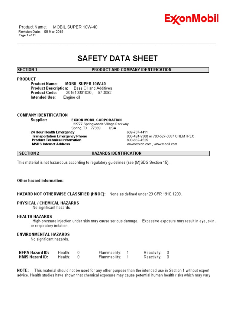 Safety Data Sheet: Product Name: MOBIL SUPER 10W-40 | PDF ...