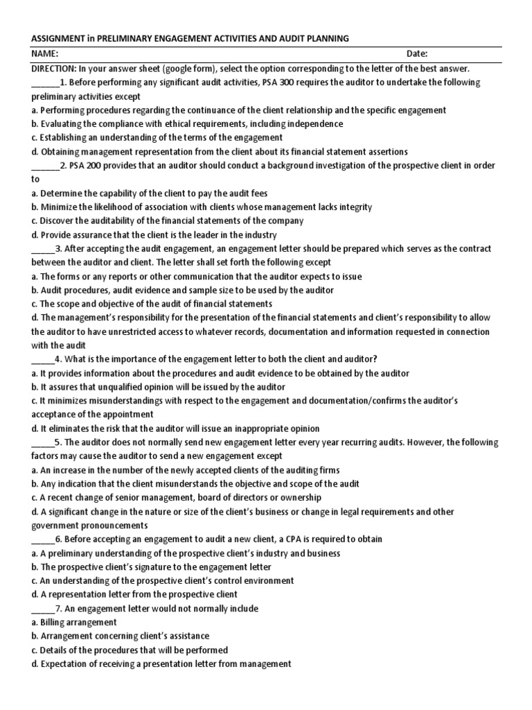 ASSIGNMENT in PRELIMINARY ENGAGEMENT ACTIVITIES AND PLANNING | PDF ...