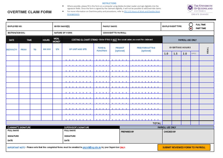 Overtime Claim Form | PDF | Payroll | Employee Relations