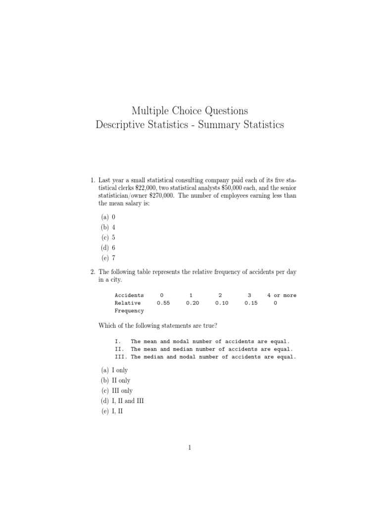 Descriptive Statistics MCQs and Solutions | PDF | Mean | Median