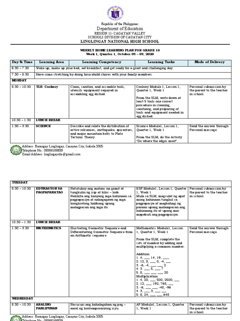 Weekly Home Learning Plan For Grade 10 | PDF | Cognition