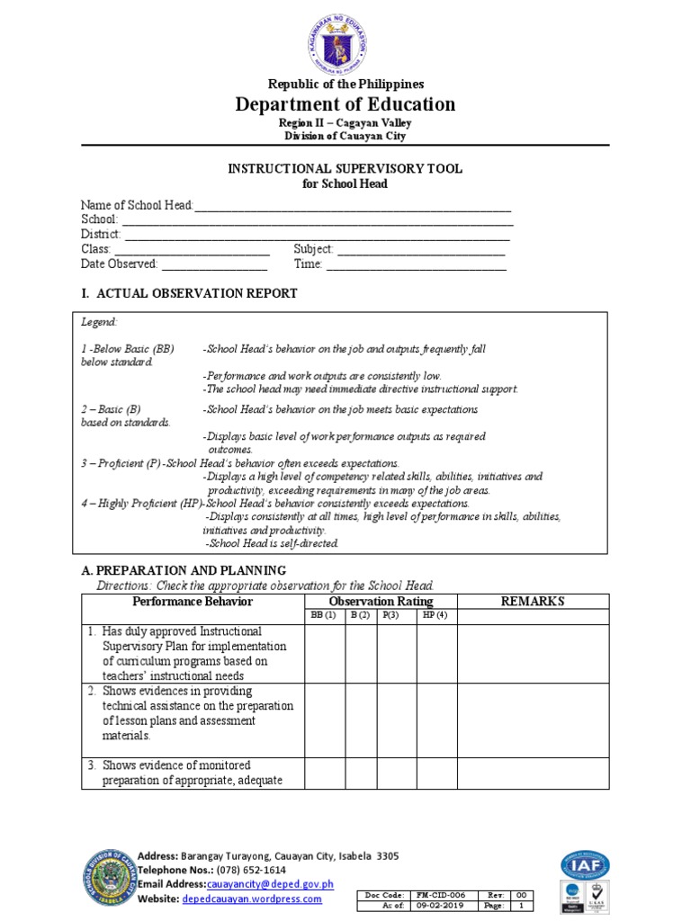 FM CID 006 Instructional Supervisory Tool For The School Head | PDF ...