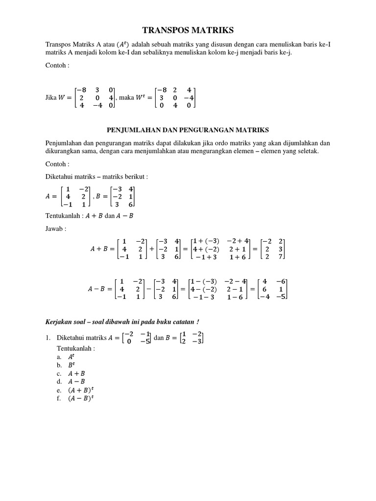PENJUMLAHAN DAN PENGURANGAN MATRIKS Dan LK 3 | PDF