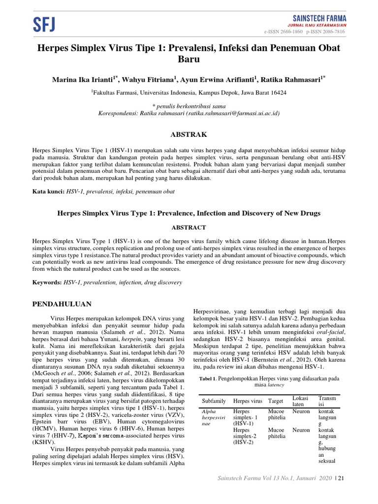 PREVALENSI, INFEKSI DAN PENEMUAN OBAT BARU UNTUK HERPES SIMPLEX VIRUS TIPE 1 | PDF