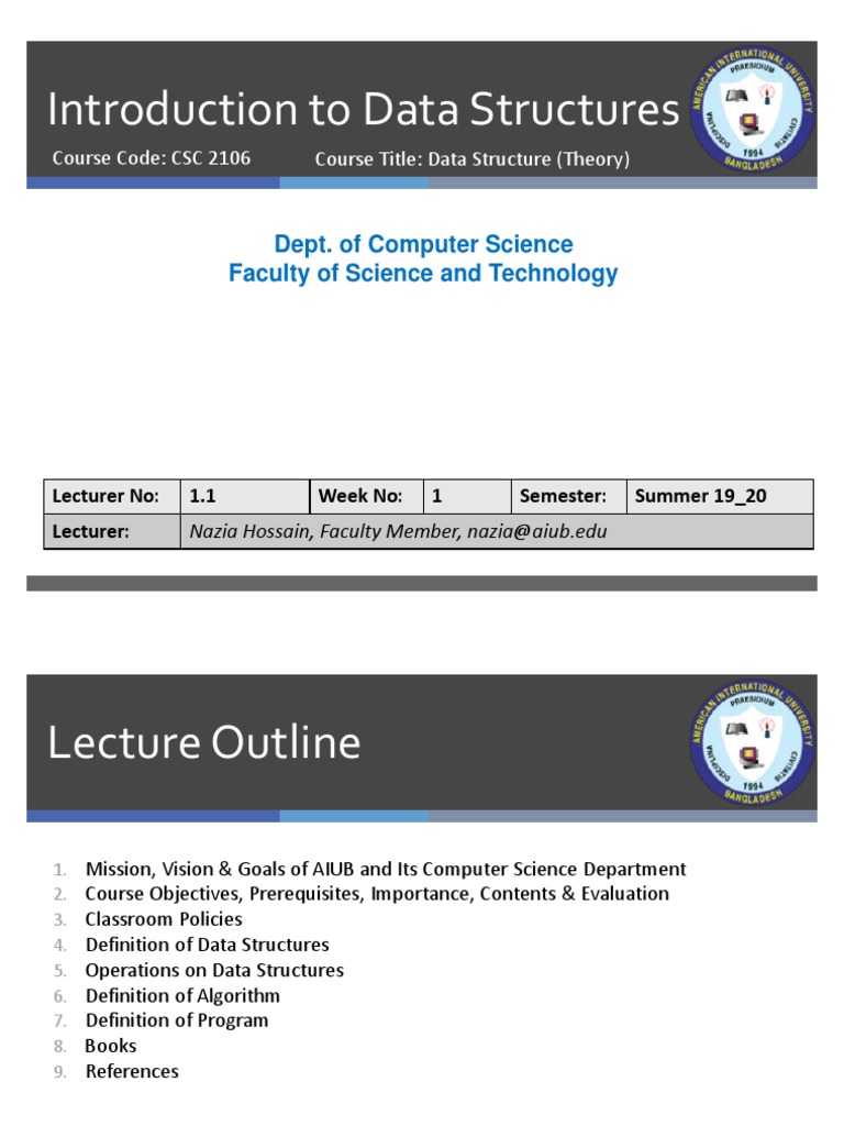 Introduction To Data Structures: Dept. of Computer Science Faculty of ...