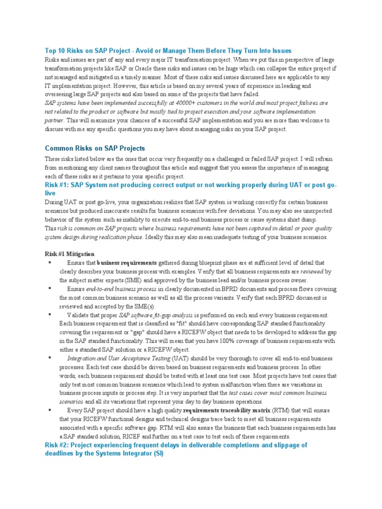 Top 10 SAP Project Risks and Solutions | PDF | Project Management ...