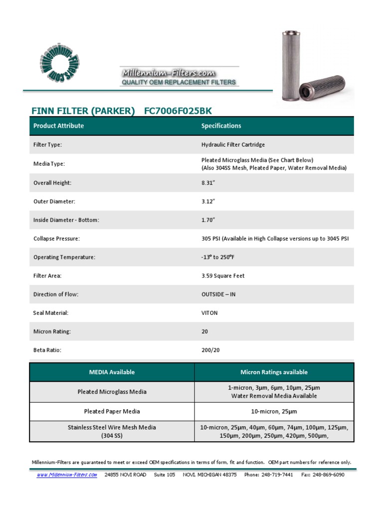 Product Attribute Specifications: MEDIA Available Micron Ratings ...
