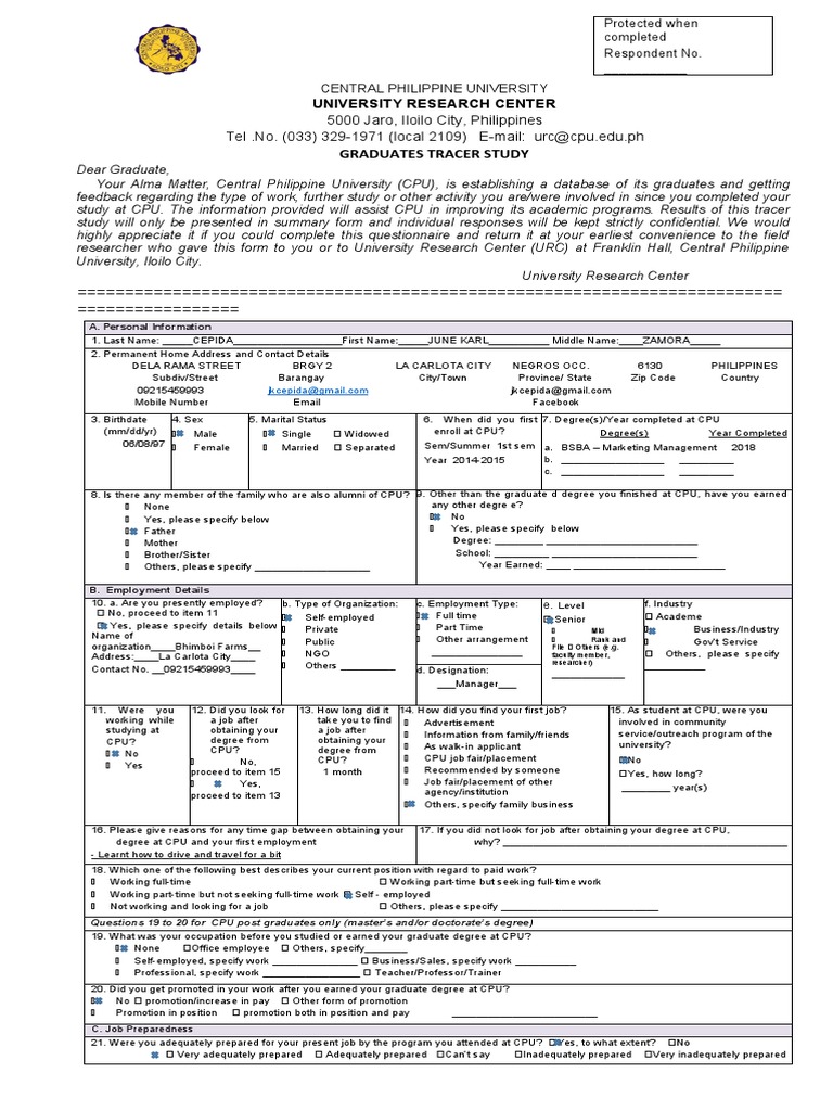 CPU Graduate Tracer Study Questionnaire | PDF | Academic Degree ...