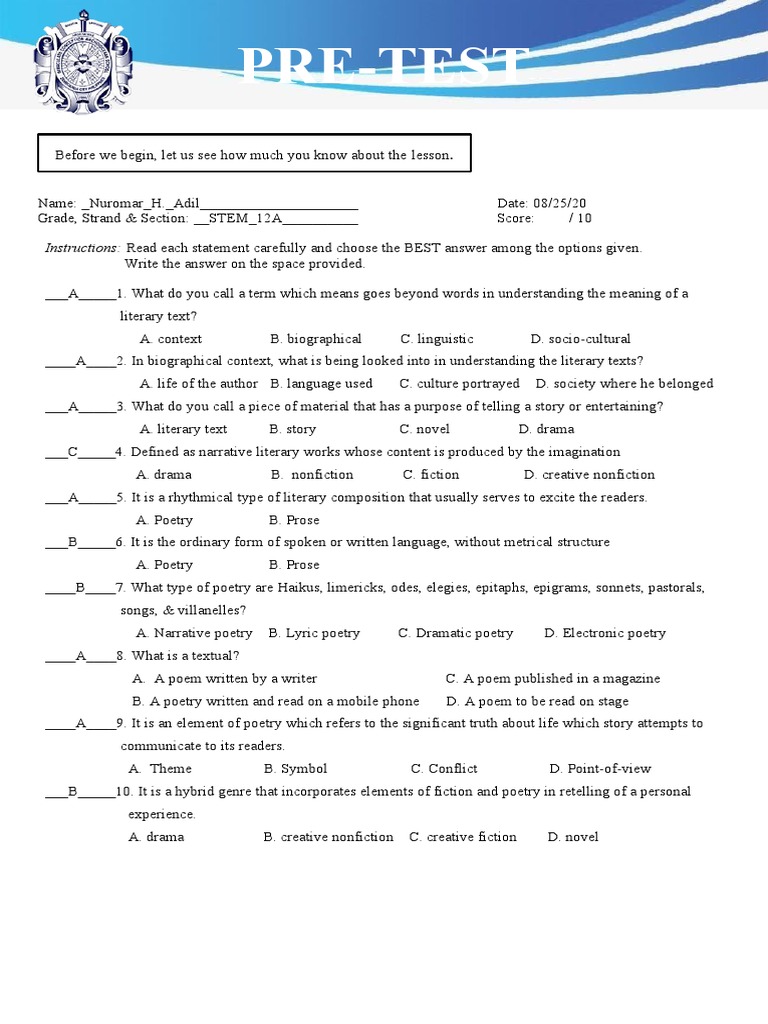 Pre-Test: Instructions: Read Each Statement Carefully and Choose The ...