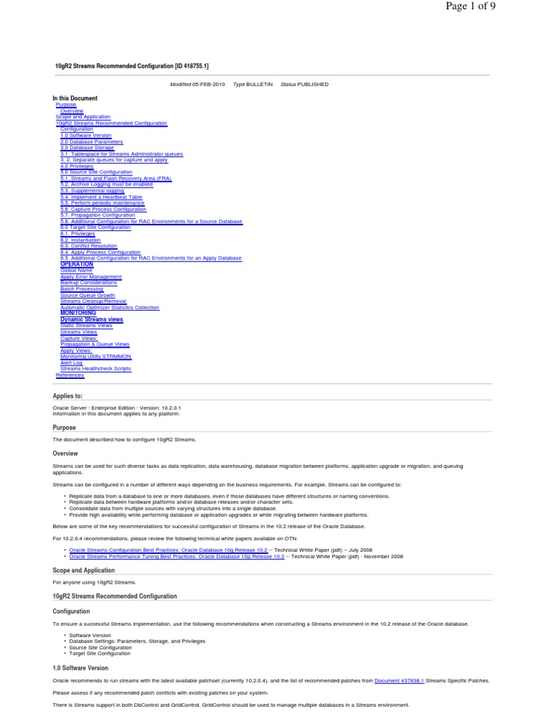 10gR2 Streams Recommended Configuration | PDF | Oracle Database | Databases