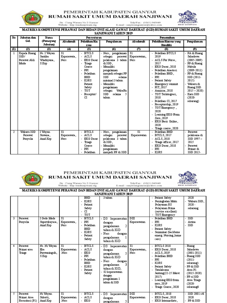 Matrik Perawat IGD 2020 | PDF