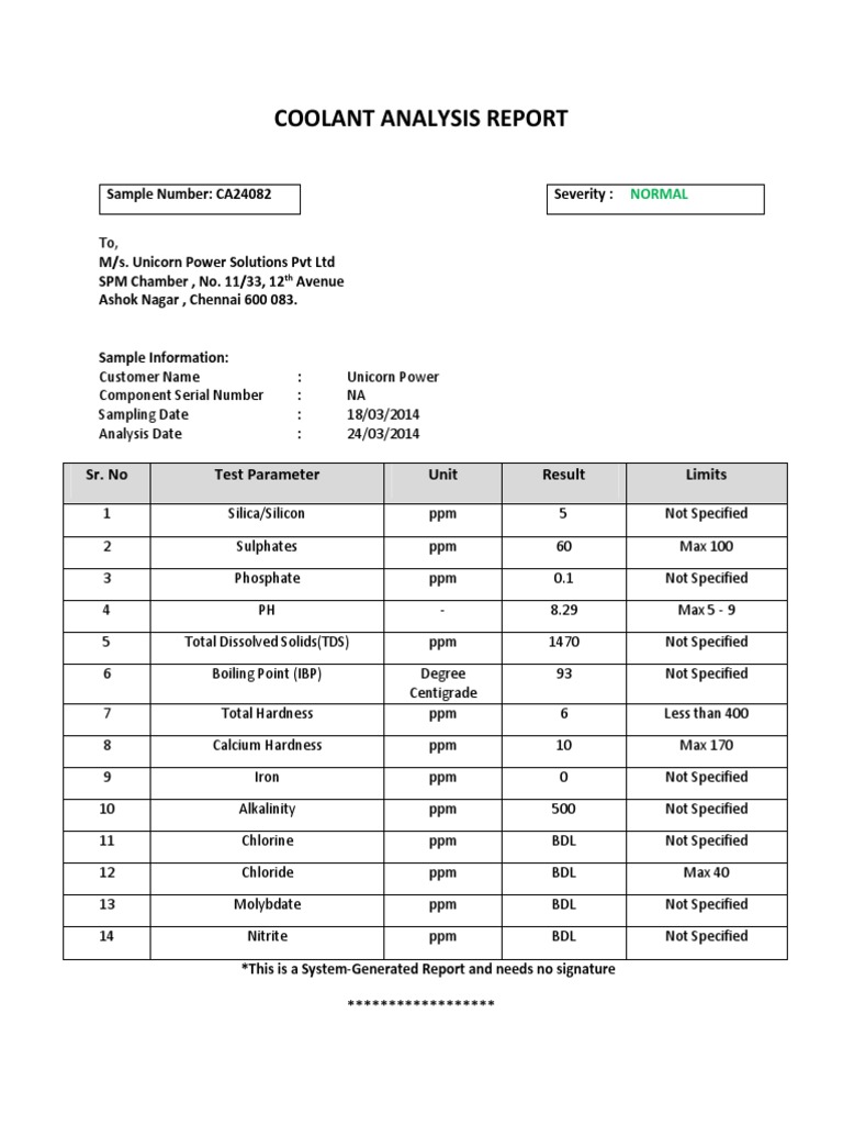 Coolant Analysis Report: Sample Number: CA24082 Severity | PDF