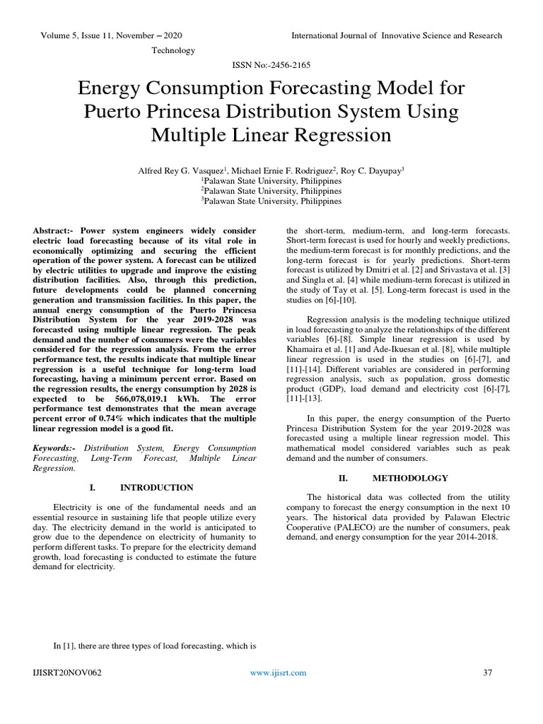 Energy Consumption Forecasting Model For Puerto Princesa Distribution System Using Multiple ...
