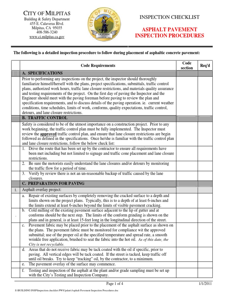 Asphalt Pavement Inspection Checklist | PDF | Road Surface | Asphalt
