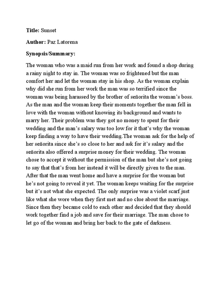 Title: Sunset Author: Paz Latorena Synopsis/Summary | PDF
