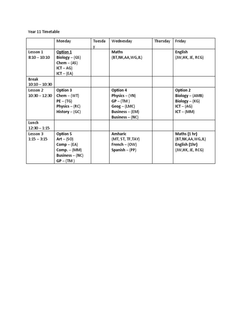 Year 11 Weekly Class Schedule | PDF