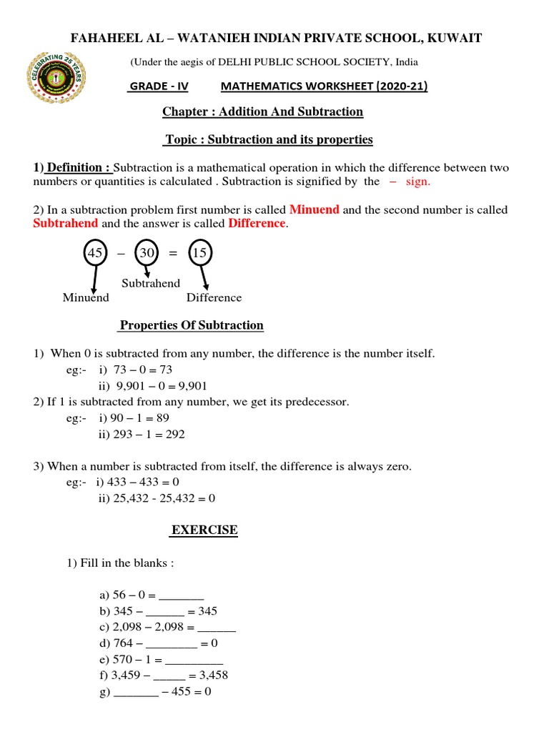 Subtraction & Properties - Worksheet | PDF